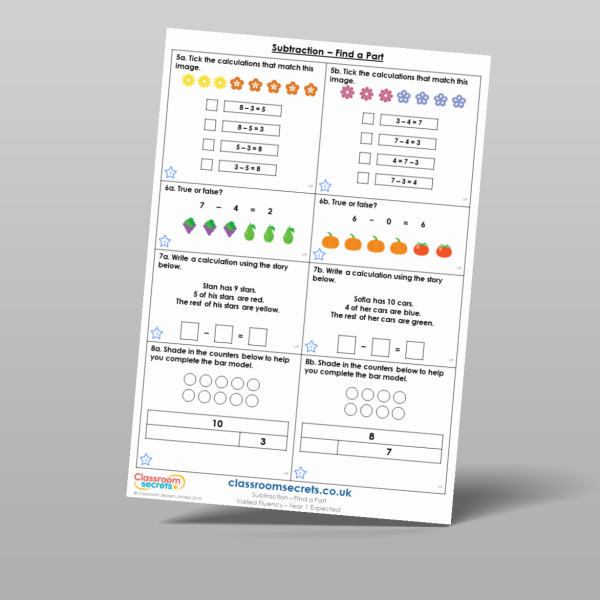 Year 1 Subtraction Find A Part Varied Fluency Resource | Classroom Secrets