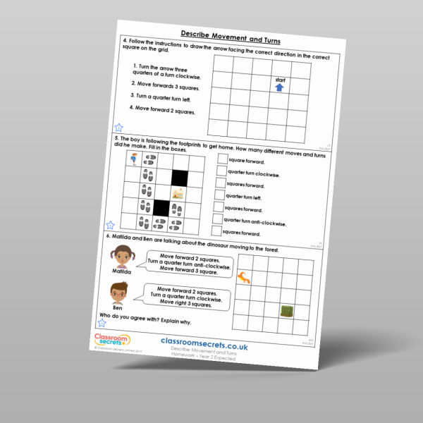 Year 2 Describe Movement And Turns Homework Resource | Classroom Secrets