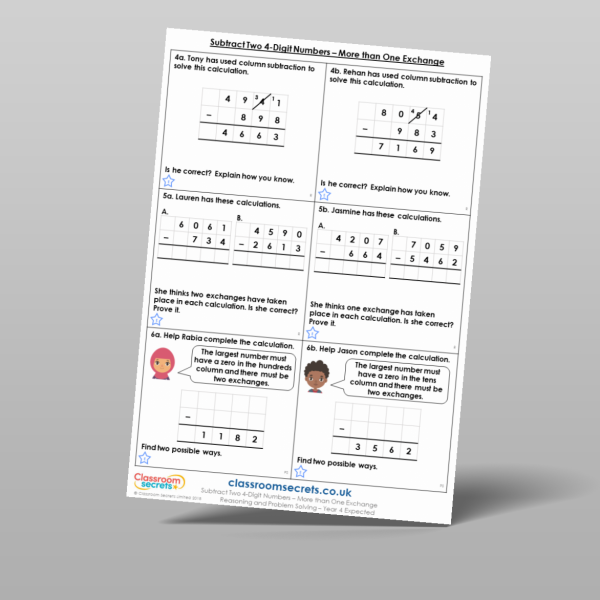 Year 4 Subtract Two 4 Digit Numbers More Than One Exchange Reasoning ...