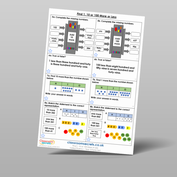 Year 3 Find 1 10 Or 100 More Or Less Varied Fluency Resource ...
