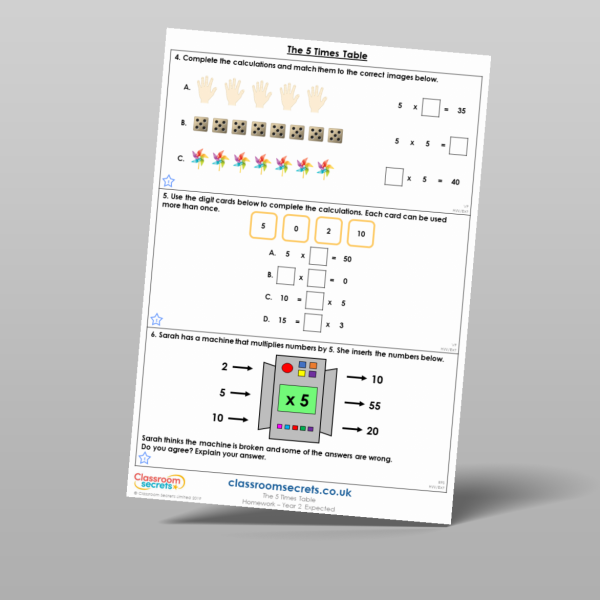 Year 2 The 5 Times Table Homework Resource | Classroom Secrets