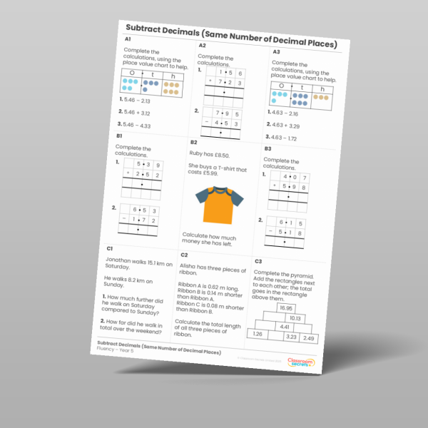 Year 5 Subtract Decimals Same Number Of Decimal Places Fluency Matrix ...