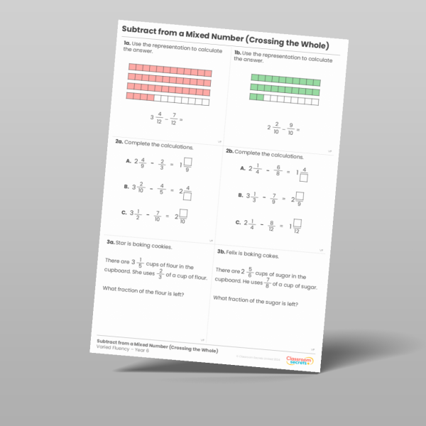 Year 6 Subtract From A Mixed Number Crossing The Whole Varied Fluency ...