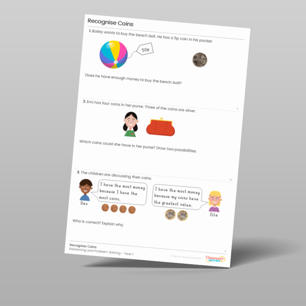 Year 1 Recognise Coins Reasoning And Problem Solving 2 Resource ...