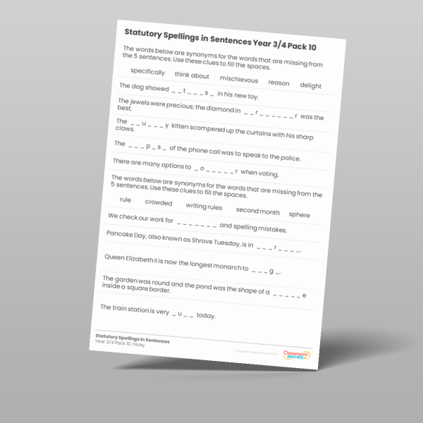 Year 3 And 4 Statutory Spellings In Sentences Pack 10 Resource ...