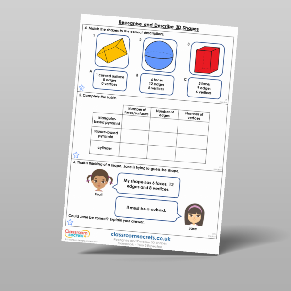 Year 3 Recognise And Describe 3d Shapes Homework Resource | Classroom ...