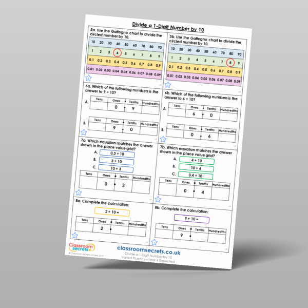 Year 4 Divide A 1 Digit Number By 10 Varied Fluency Resource ...