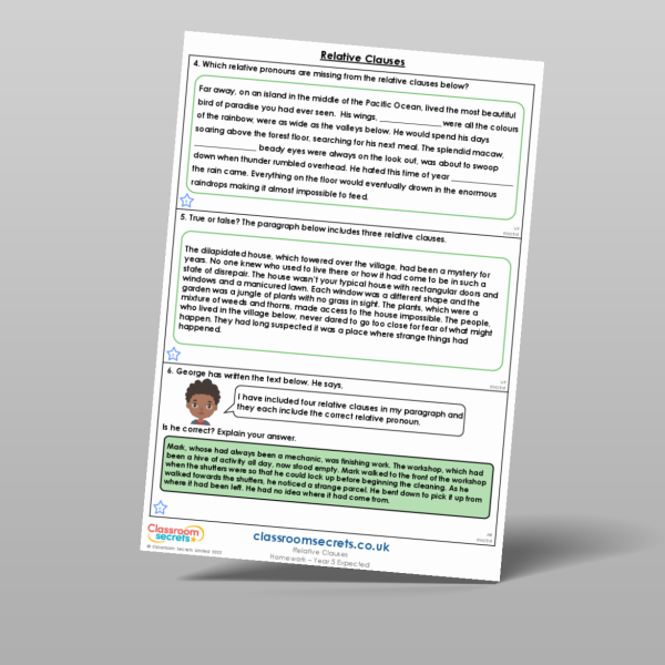 Year 5 Relative Clauses Homework Resource | Classroom Secrets