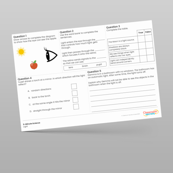 Year 6 Light 5 Minute Science Resource | Classroom Secrets
