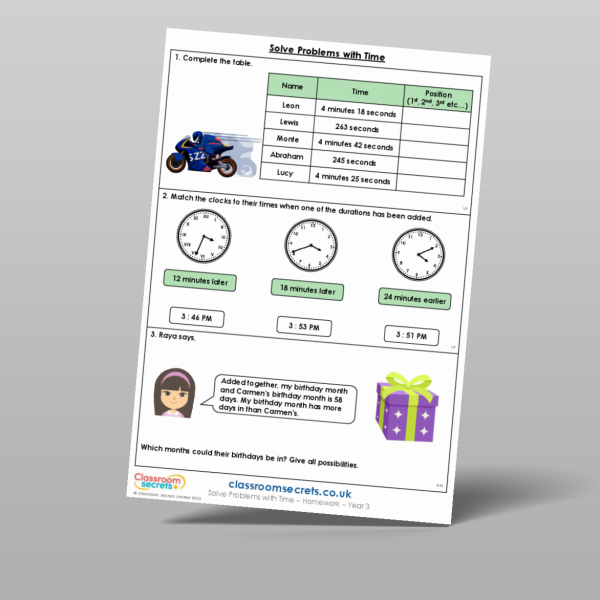 Year 3 Solve Problems With Time Homework Resource | Classroom Secrets