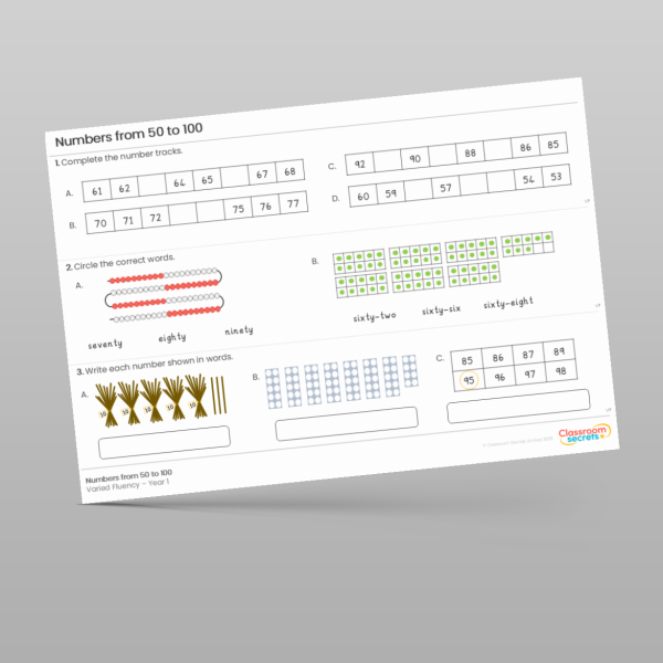 Year 1 Numbers From 50 To 100 Varied Fluency Resource | Classroom Secrets