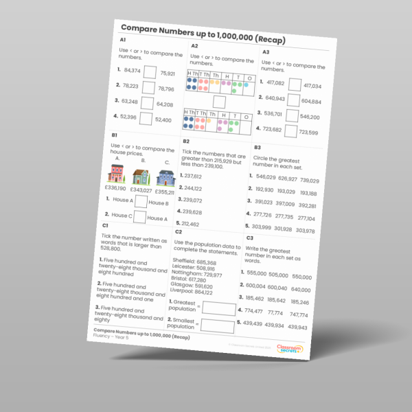 Year 5 Compare Numbers Up To 1 000 000 Recap Fluency Matrix Resource ...
