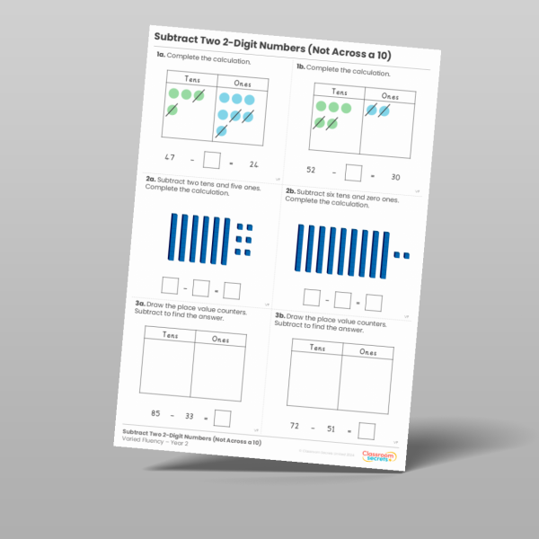 Year 2 Subtract Two 2 Digit Numbers Not Across A 10 Varied Fluency 2 ...