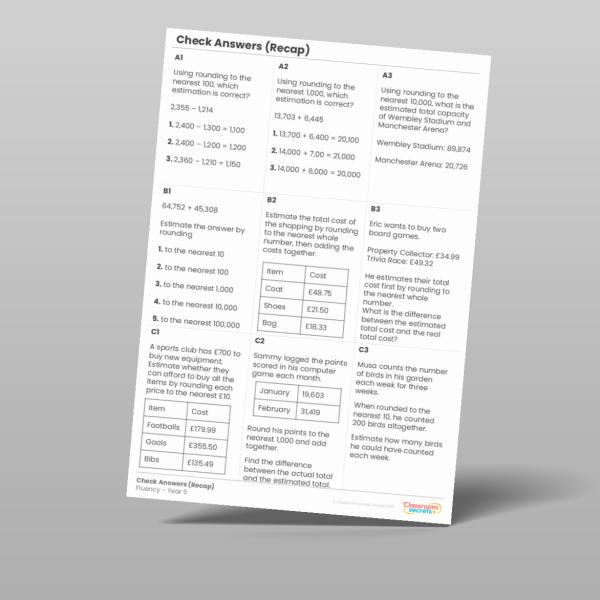 Year 5 Check Answers Recap Fluency Matrix Resource | Classroom Secrets