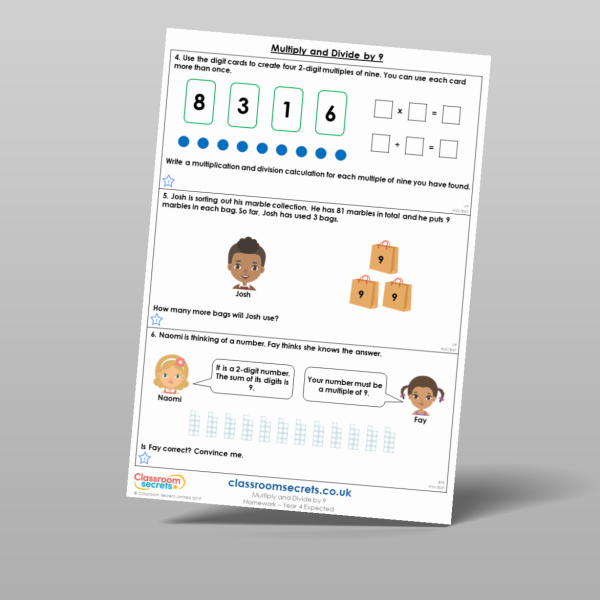 Year 4 Multiply And Divide By 9 Homework Resource | Classroom Secrets