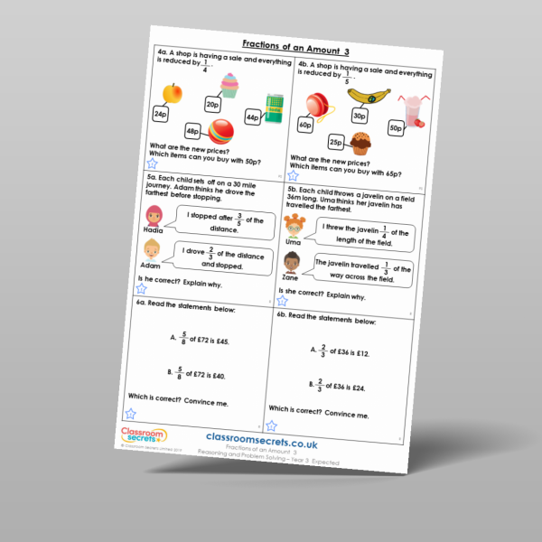 Year 3 Fractions Of An Amount 3 Reasoning And Problem Solving Resource ...