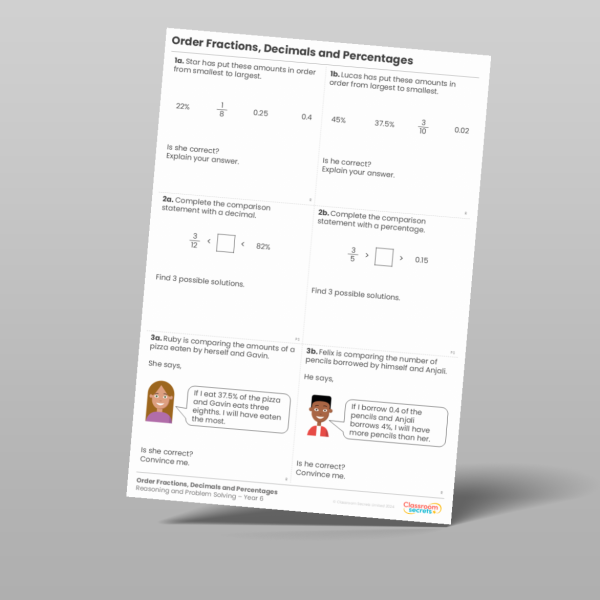 Year 6 Order Fractions Decimals And Percentages Reasoning And Problem ...
