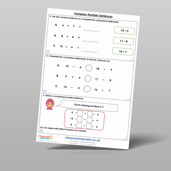 Year 1 Compare Number Sentences Homework Resource | Classroom Secrets
