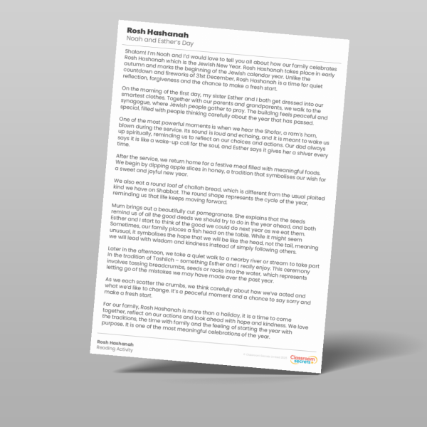 UKS2 Rosh Hashana Reading Activity Resource | Classroom Secrets