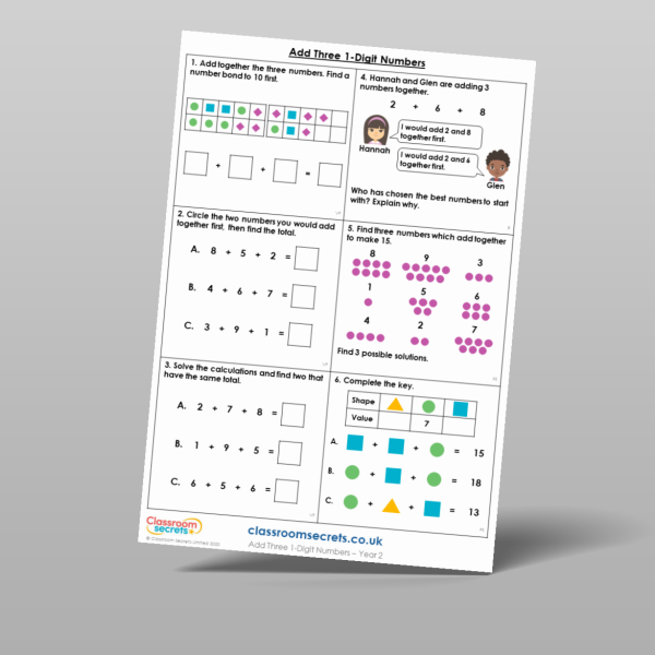 Year 2 Add Three 1 Digit Numbers Mixed Activity Resource | Classroom ...