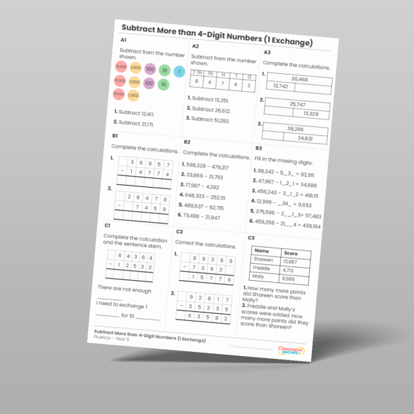 Year 5 Subtract More Than 4 Digit Numbers 1 Exchange Fluency Matrix ...