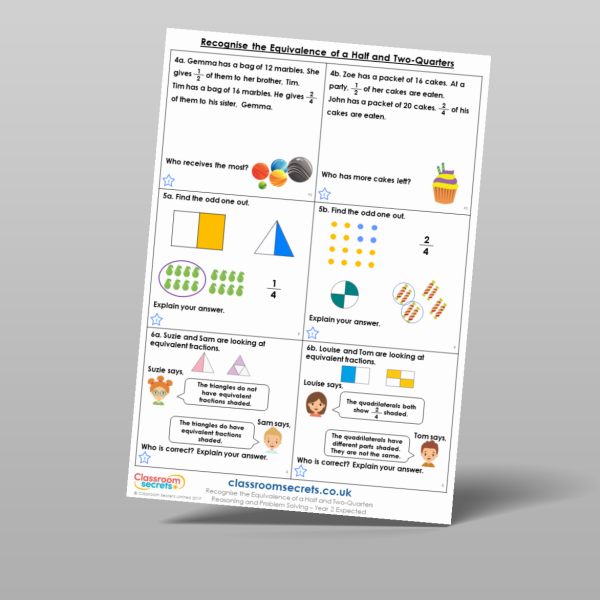 Year 2 Recognise The Equivalence Of A Half And Two Quarters Reasoning ...