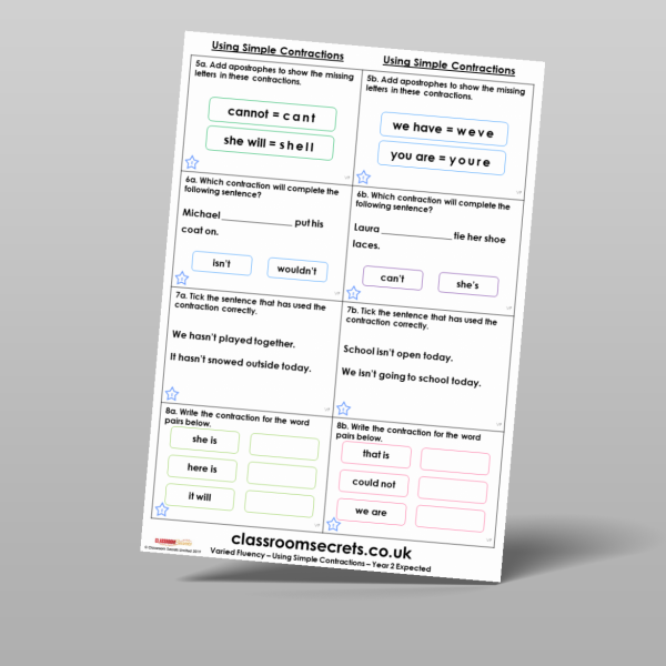 Year 2 Using Simple Contractions Varied Fluency Resource Classroom Secrets