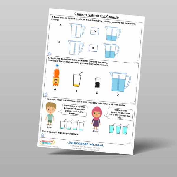 Year 2 Compare Volume And Capacity Homework Resource | Classroom Secrets