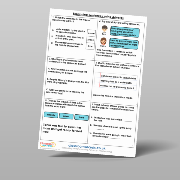 Year 4 Expanding Sentences Using Adverbs Prior Learning Resource ...