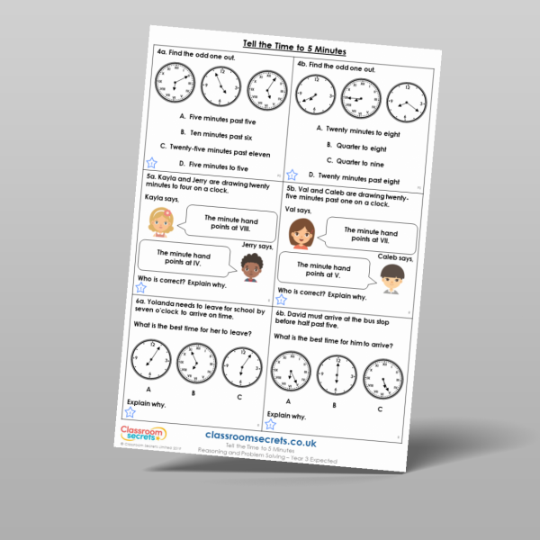 Year 3 Telling The Time To 5 Minutes Reasoning And Problem Solving ...