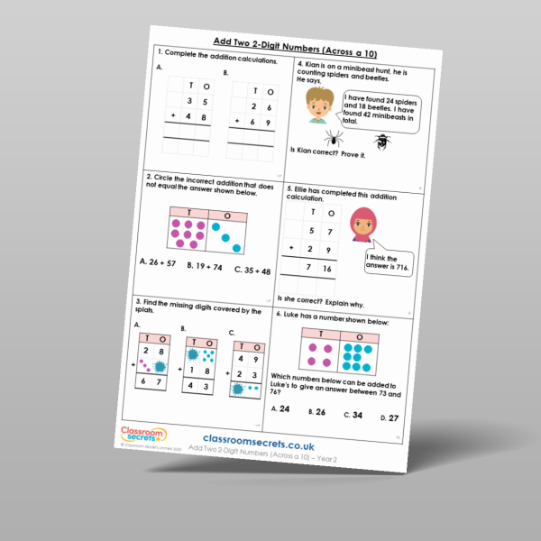 Year 2 Add 2 Digit Numbers Across A 10 Mixed Activity Resource Classroom Secrets