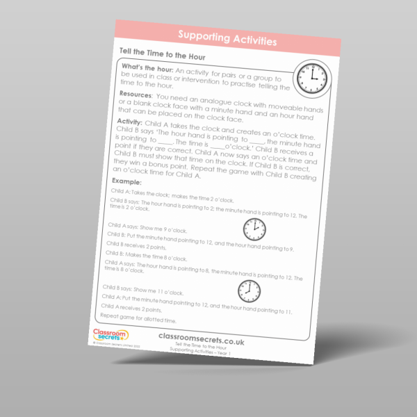 Year 1 Tell The Time To The Hour Supporting Activity Resource ...