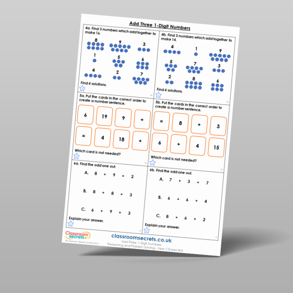 Year 2 Add Three 1 Digit Numbers Reasoning And Problem Solving Resource ...