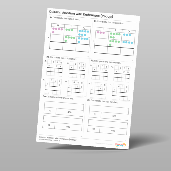 Year 3 Column Addition With Exchanges Recap Varied Fluency Resource ...