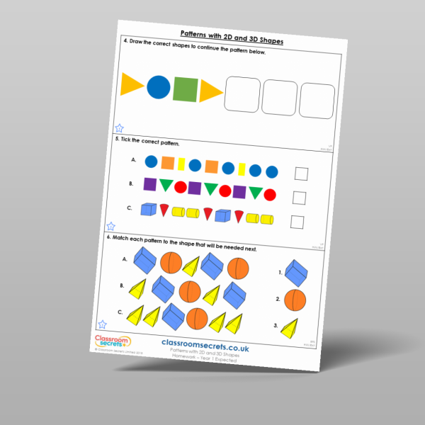 Year 1 Patterns With 2d And 3d Shapes Homework Resource Classroom Secrets