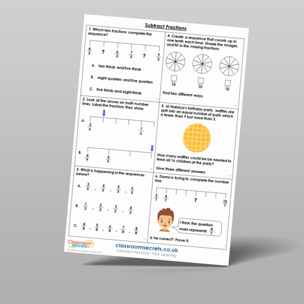 Year 3 Subtract Fractions Prior Learning Resource | Classroom Secrets