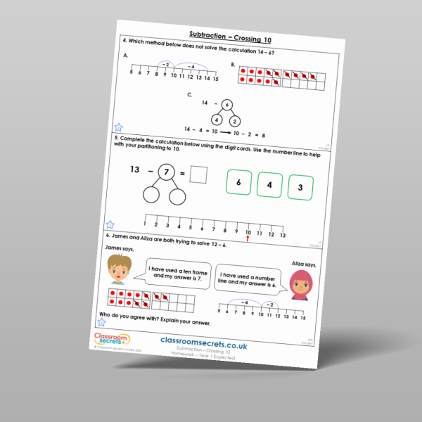 Year 1 Subtraction Crossing 10 Homework Resource | Classroom Secrets
