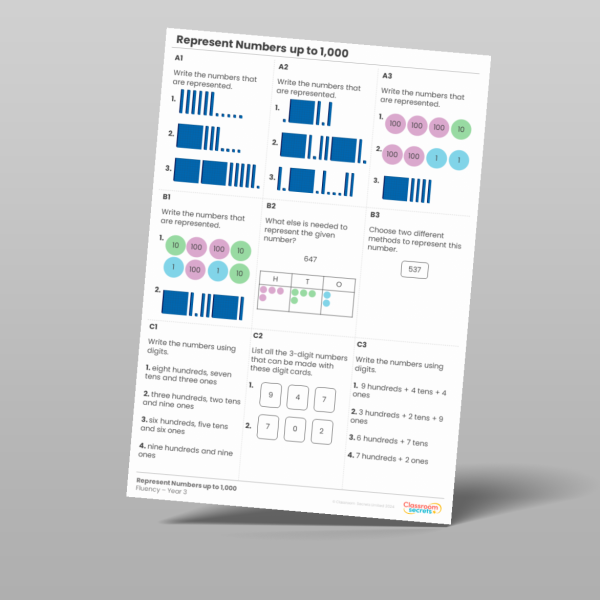 Year 3 Represent Numbers Up To 1 000 Fluency Matrix Resource ...