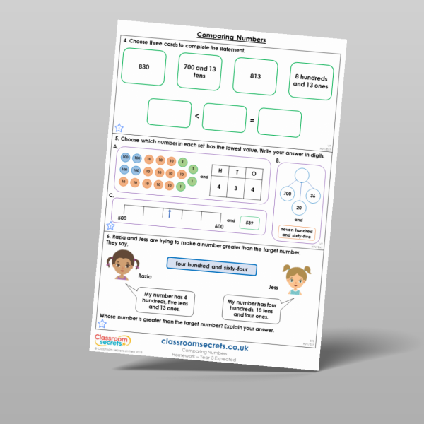 Year 3 Comparing Numbers Homework Resource | Classroom Secrets