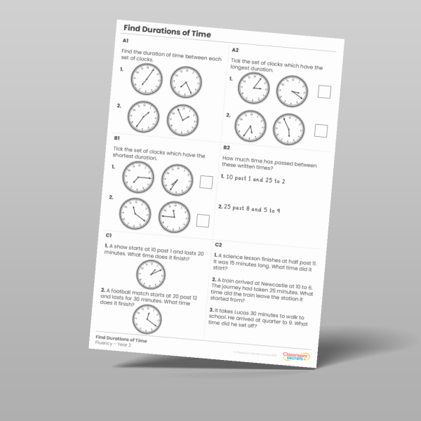 Year 2 Find Durations Of Time Fluency Matrix Resource | Classroom Secrets