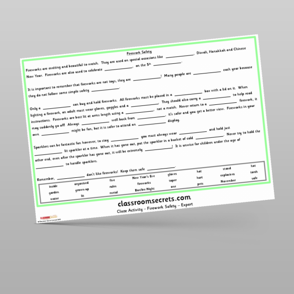KS2 Firework Safety Cloze Activity Resource | Classroom Secrets