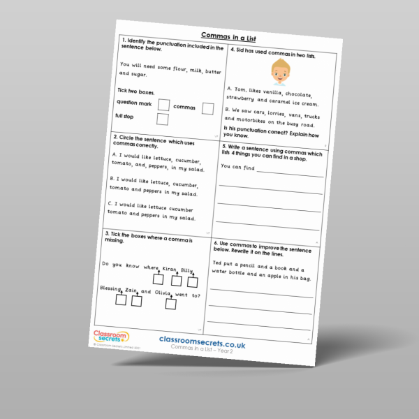 Year 2 Recognising Commas In A List Mixed Activity Resource Classroom Secrets