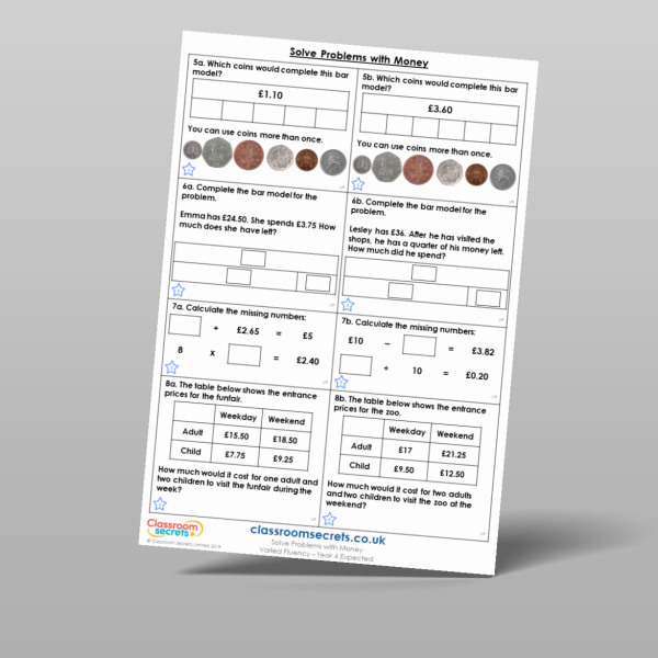 Year 4 Solve Problems With Money Varied Fluency Resource | Classroom ...