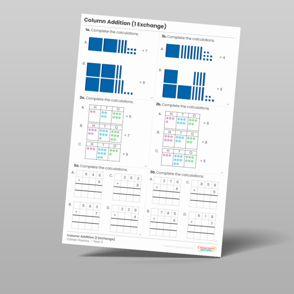 Year 3 Column Addition 1 Exchange Varied Fluency Resource | Classroom ...