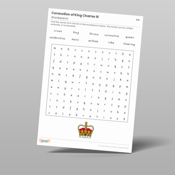KS1 The Coronation Of King Charles Iii Wordsearch Resource | Classroom ...