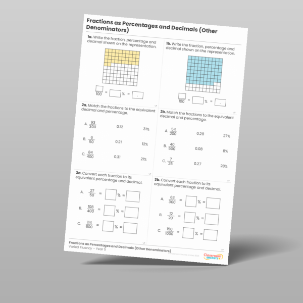 Year 5 Fractions As Percentages And Decimals Other Denominators Varied ...