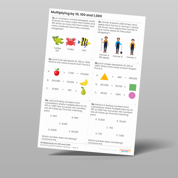 Multiplying by 10, 100 and 1,000 Reasoning and Problem Solving Resource ...