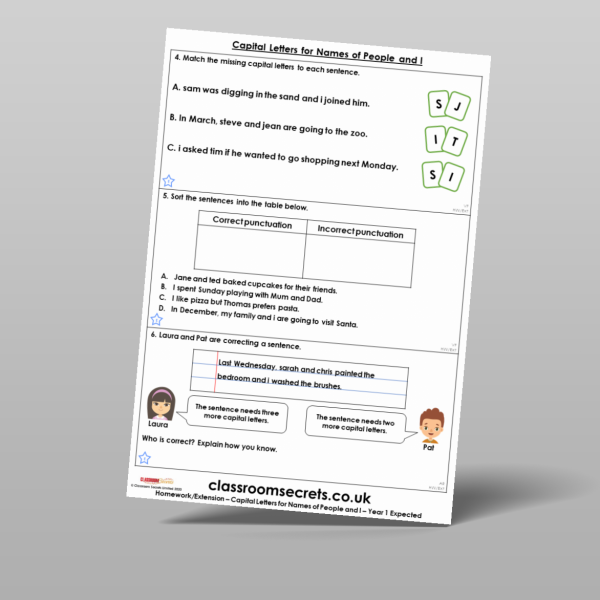 Year 1 Capital Letters For Names Of People And I Homework Resource ...
