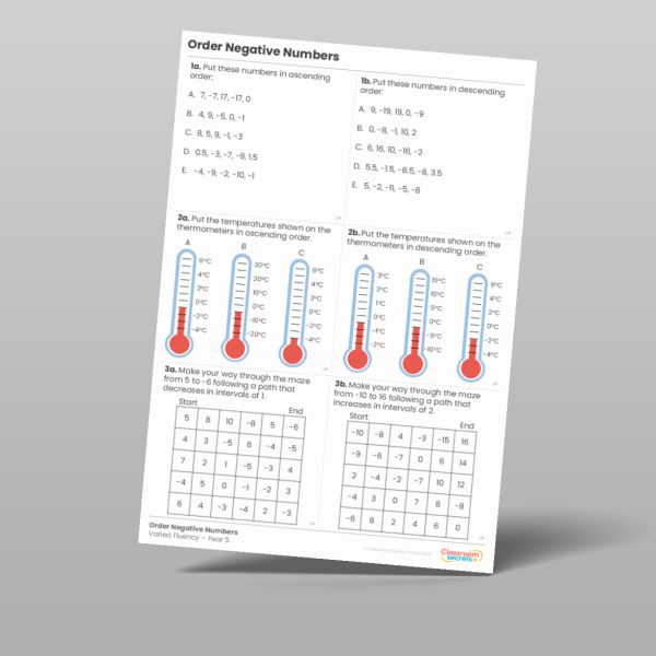 Year 5 Order Negative Numbers Varied Fluency Resource | Classroom Secrets