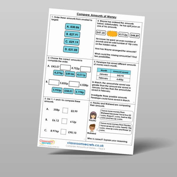 Year 4 Compare Amounts Of Money Mixed Activity Resource | Classroom Secrets